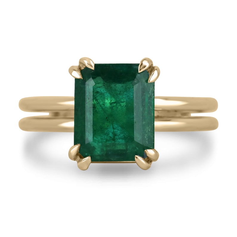 3.28ct 18K Gold Deep Dark Green Emerald Cut 4 Double Prong Setting Sol