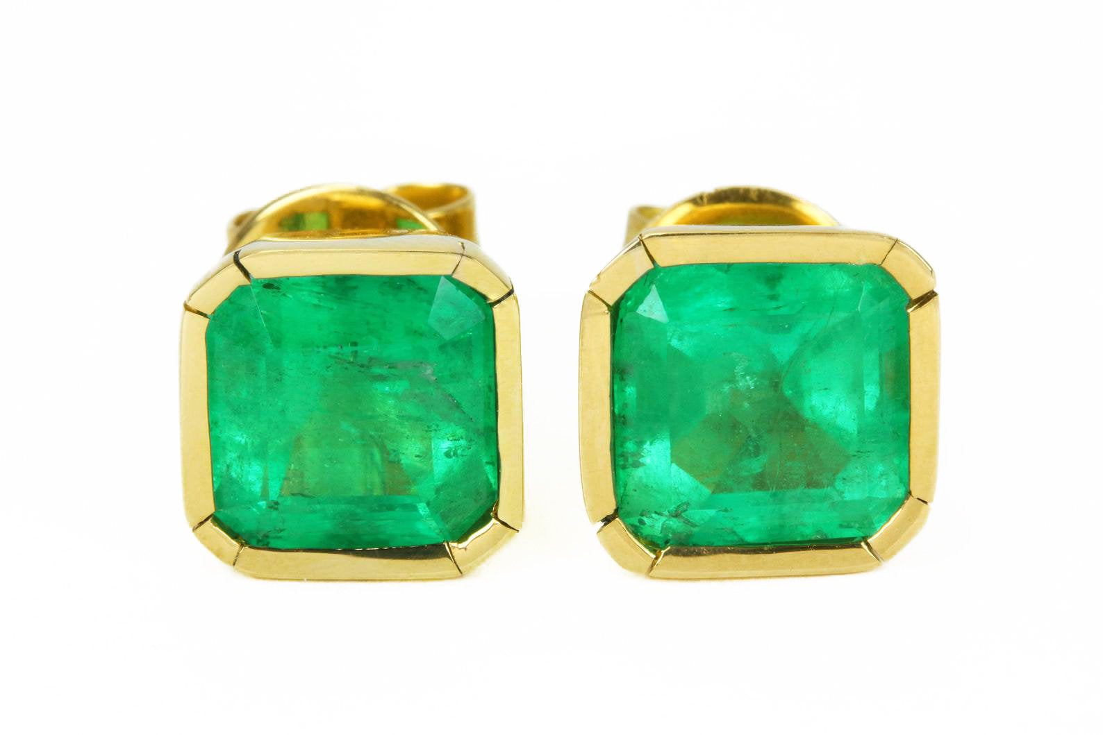 4.15 Carat Vivid Apple Green Emerald Bezel Set Stud Earrings Gold 14K